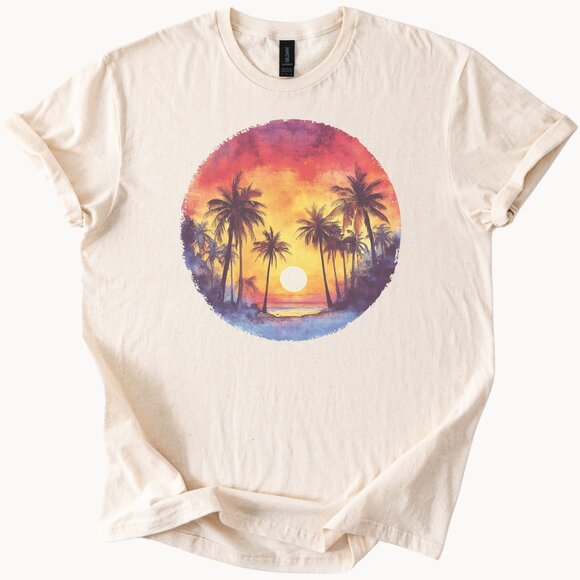 Gildan | Tops | Palm Tree Sunset Graphic T Shirt Tropical Beach Sunrise ...